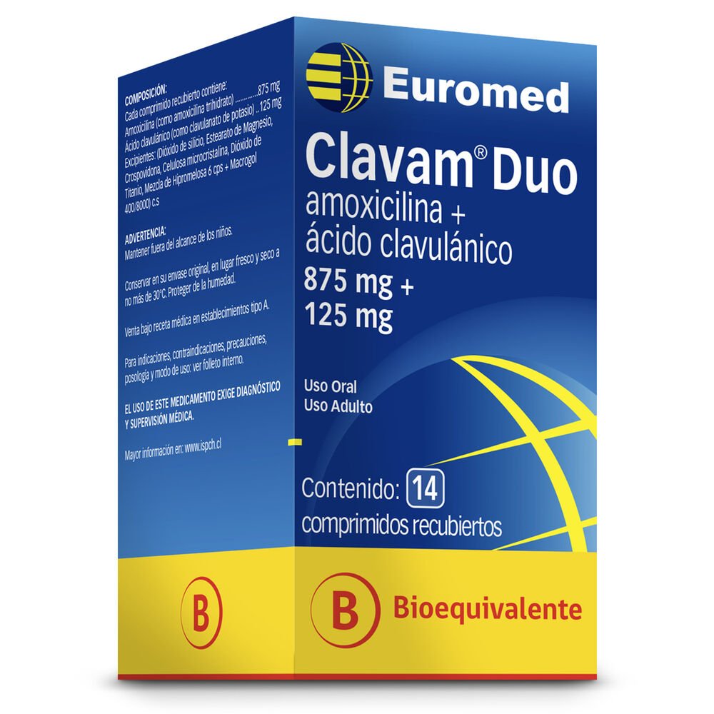 Clavam Duo 875mg/125mg 14 Comprimidos Recubiertos - Farmacia Belgochilena